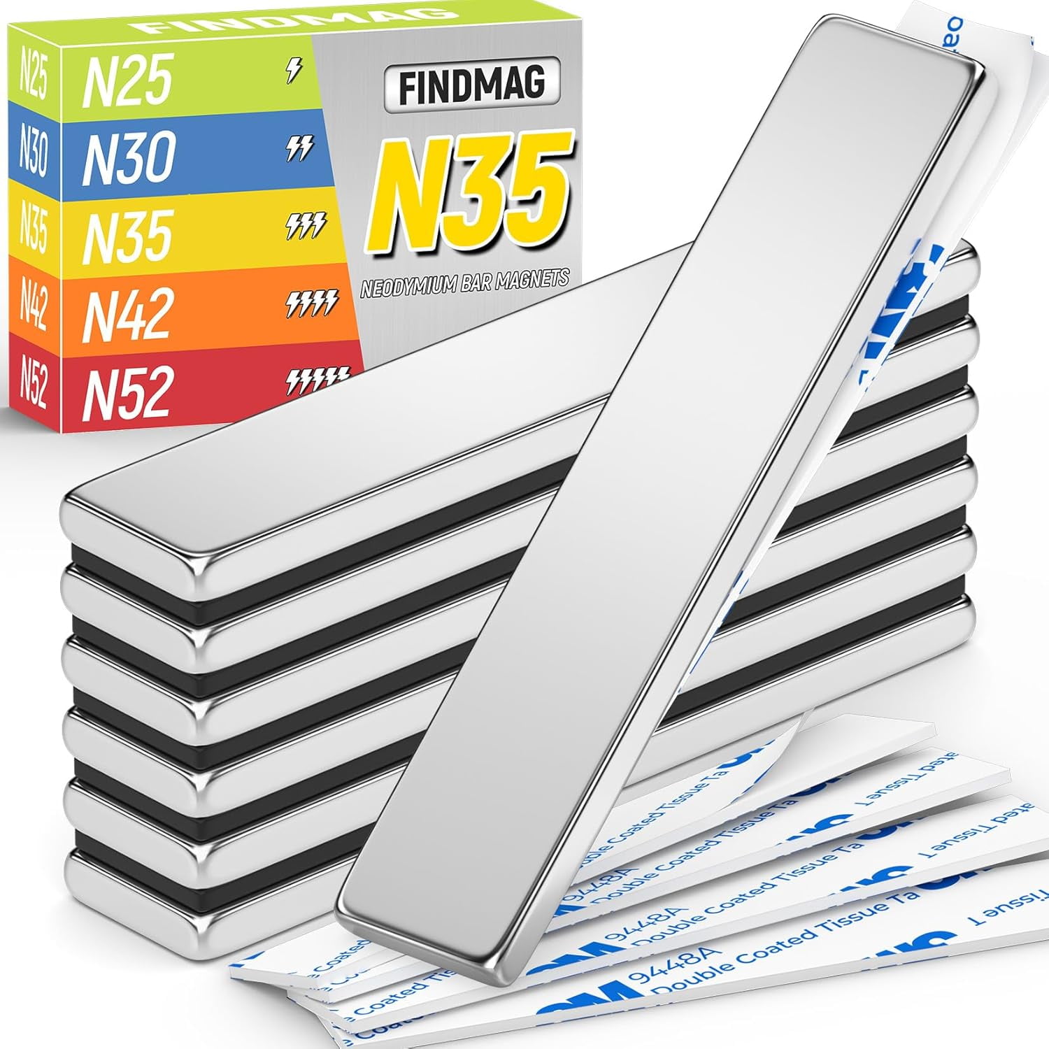 FINDMAG Neodymium Bar Magnets, Silver Bar Magnets with Adhesive Backing ...