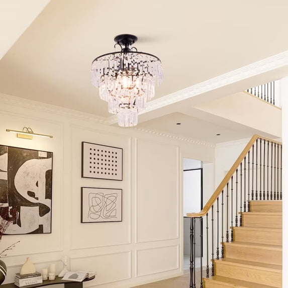 FINE MAKER 16 Inch Modern Crystal Chandelier, 4 Lights Semi Recessed K9 ...