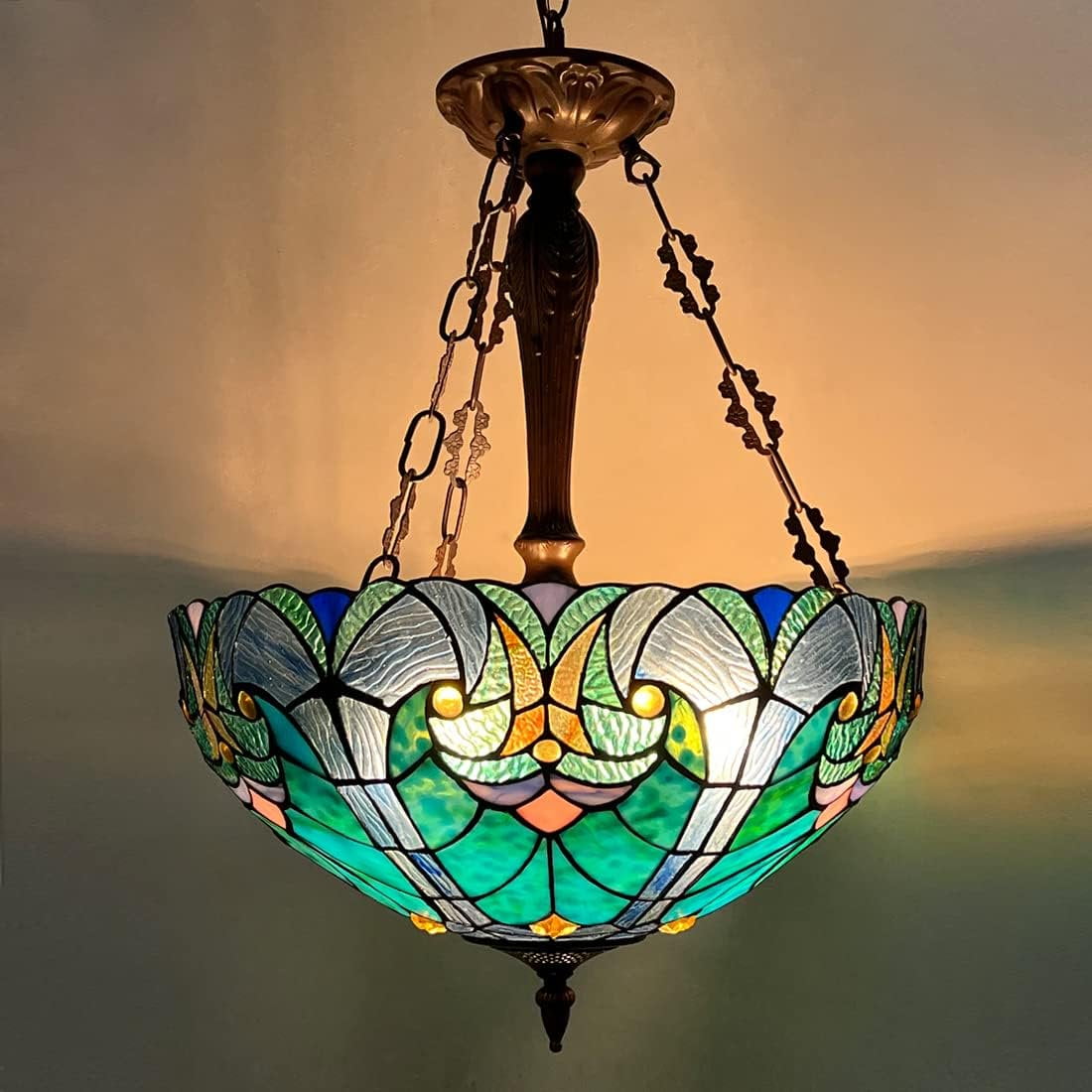 FINE MAKER 16" Tiffany Wide Sea Green Stained Glass Inverted Chandelier ...