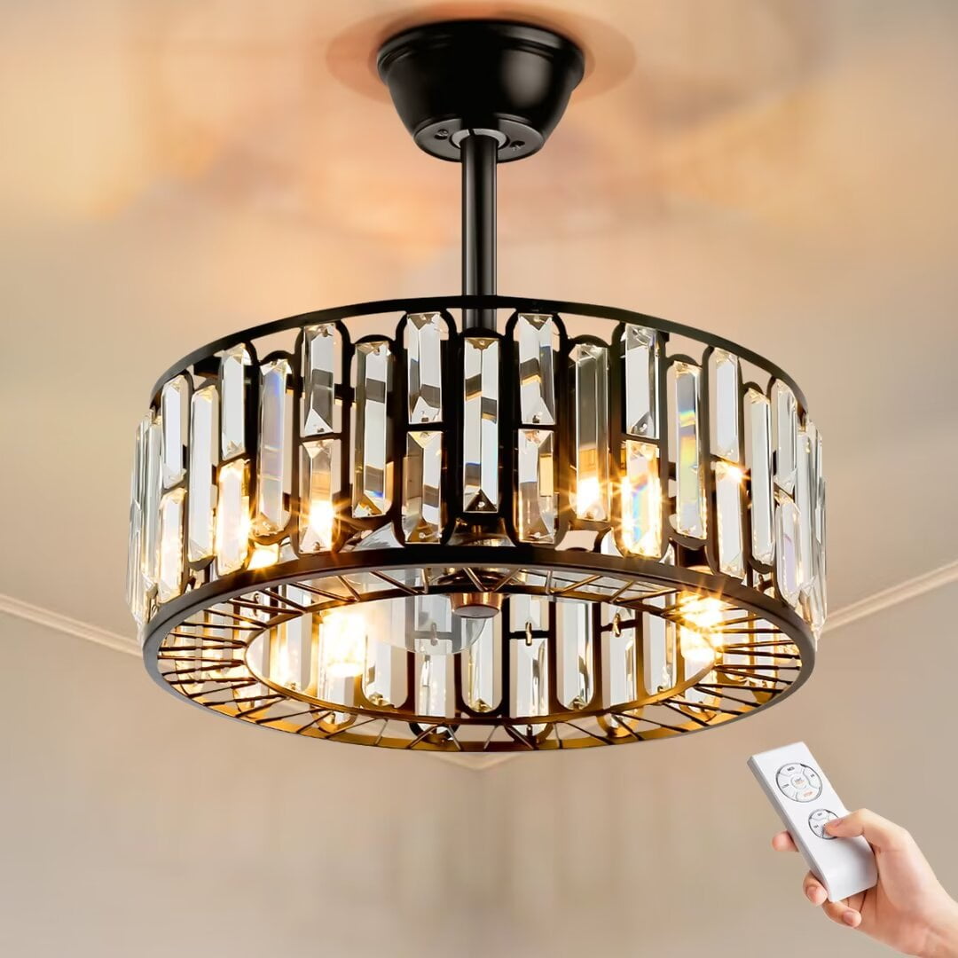 FINE MAKER 18" Industrial Crystal Ceiling Fan with Light Round Remote ...