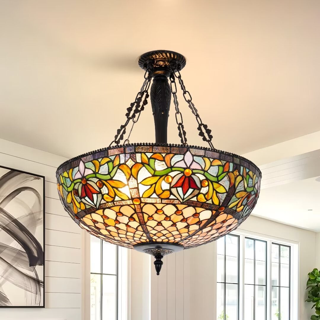 FINE MAKER 20 Inch Tiffany Stained Glass Chandelier, 5 Light Dining ...