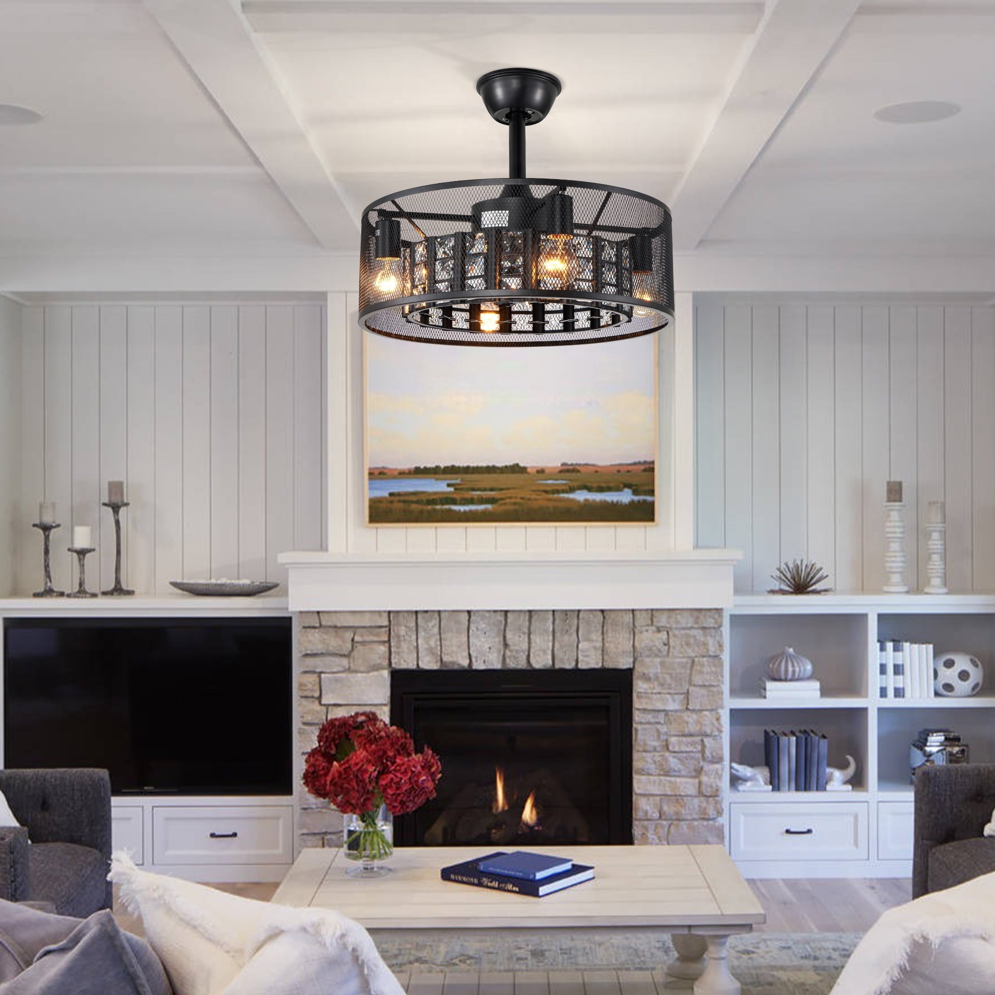 FINE MAKER 20 inch Unique Farmhouse Ceiling Fans Lights, Vintage Caged ...