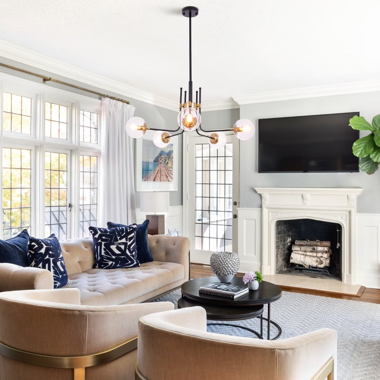 FINE MAKER 24 Inch 5 Lights Gold Globe Chandelier with Thick Clear ...