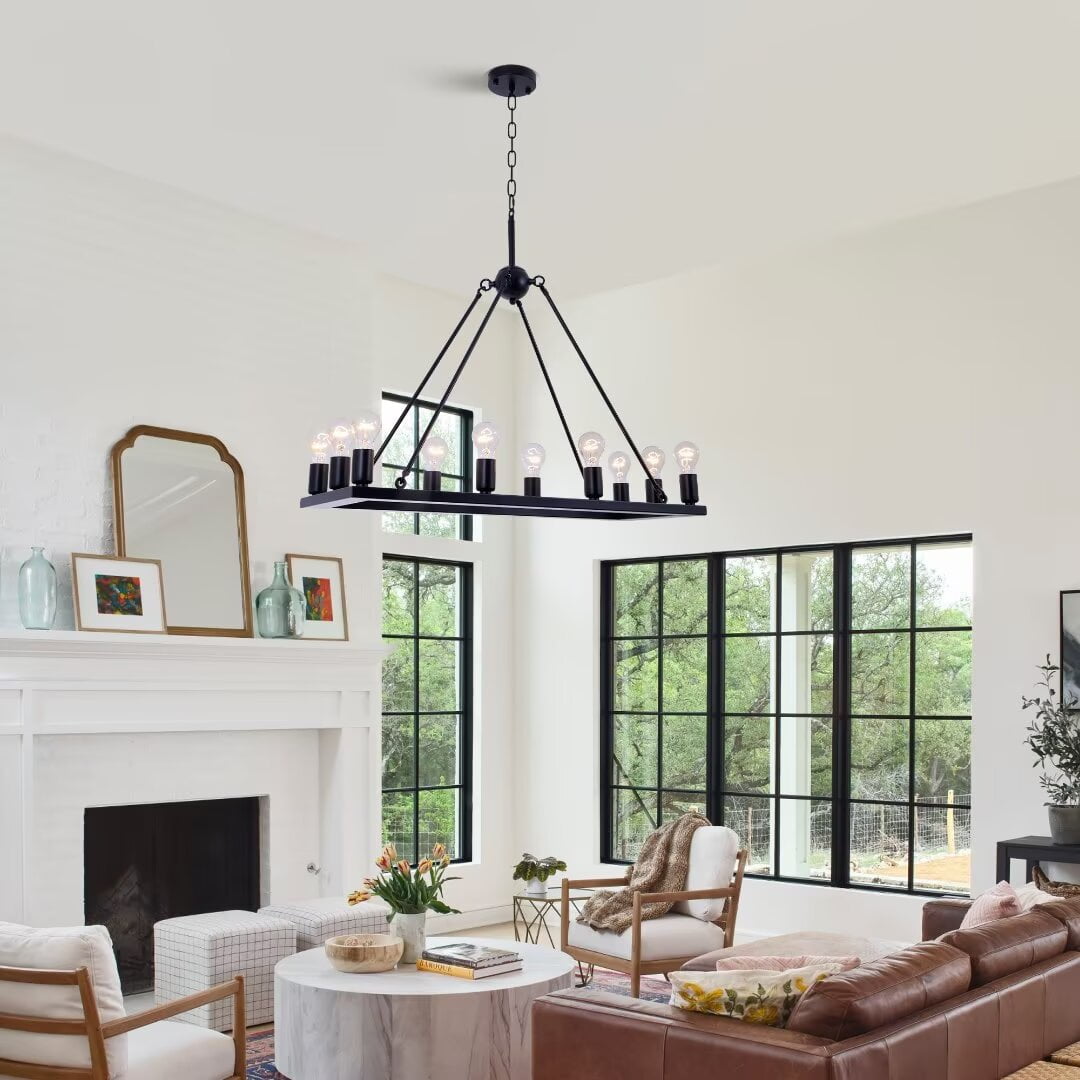 FINE MAKER 31.5 Inch Black Metal Rectangular Pendant Light, 10 Lights ...