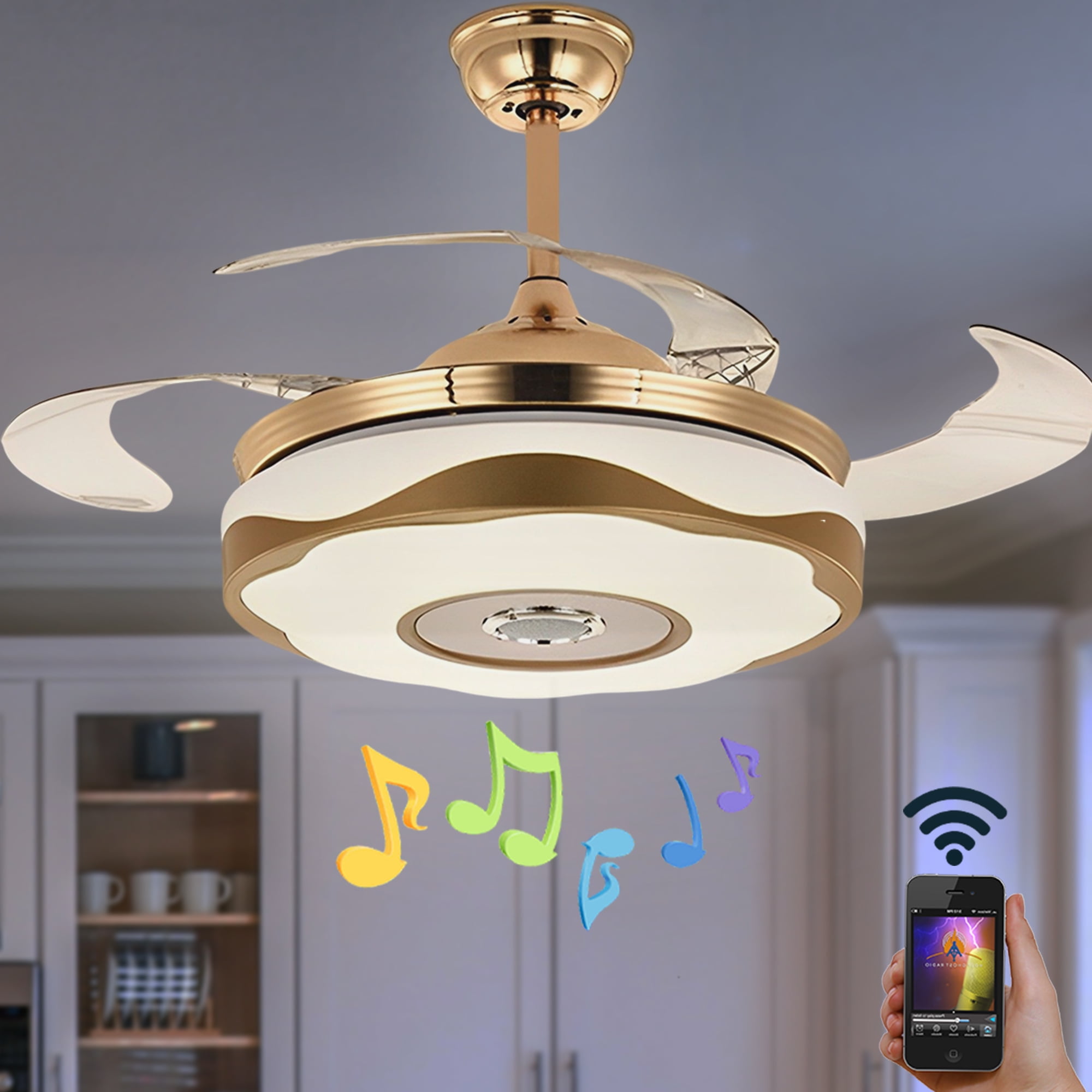 FINE MAKER 42" Modern Gold 4-Blade LED Smart Bluetooth Living Room ...