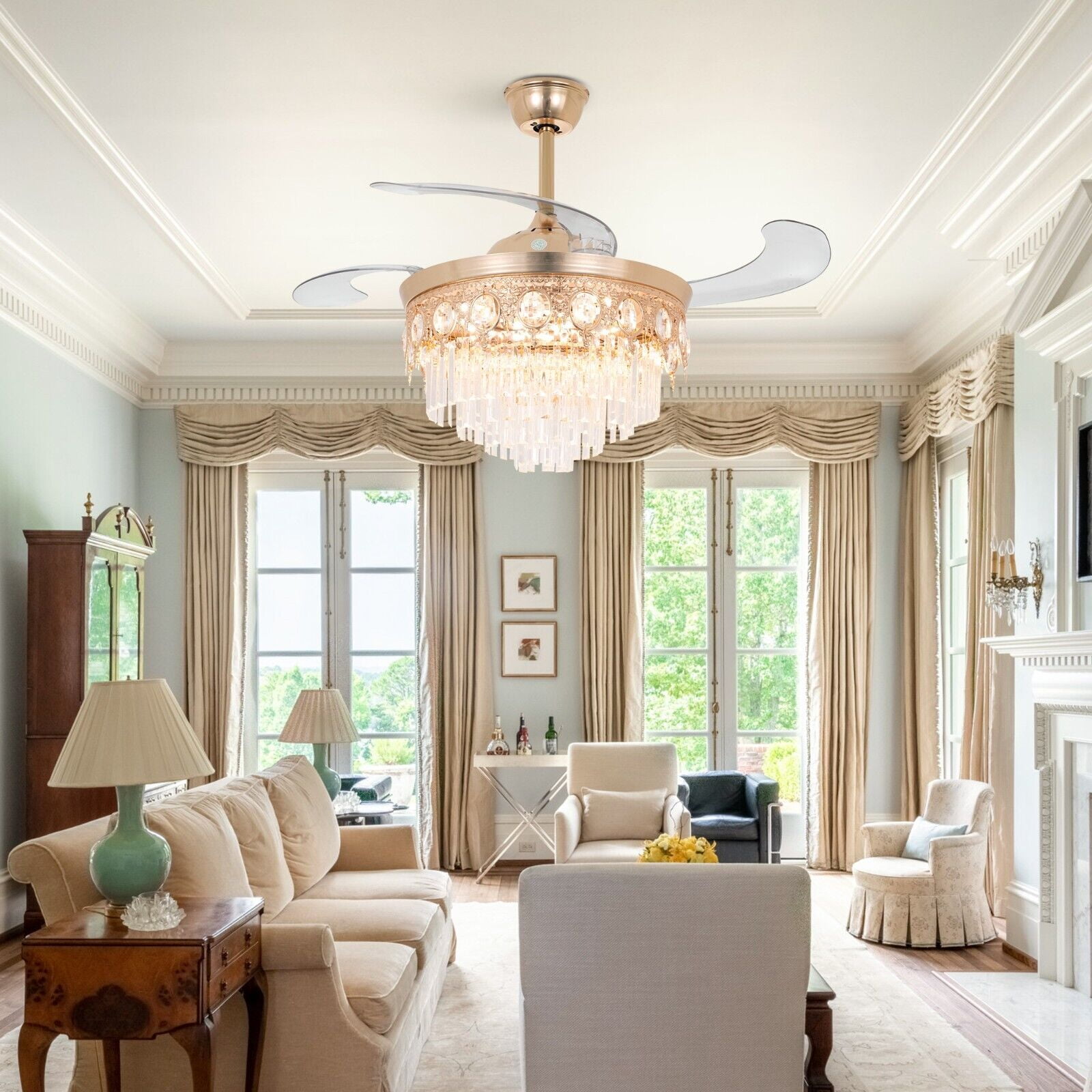 FINE MAKER 42" Crystal Ceiling Fan with Light Remote Chandelier with ...