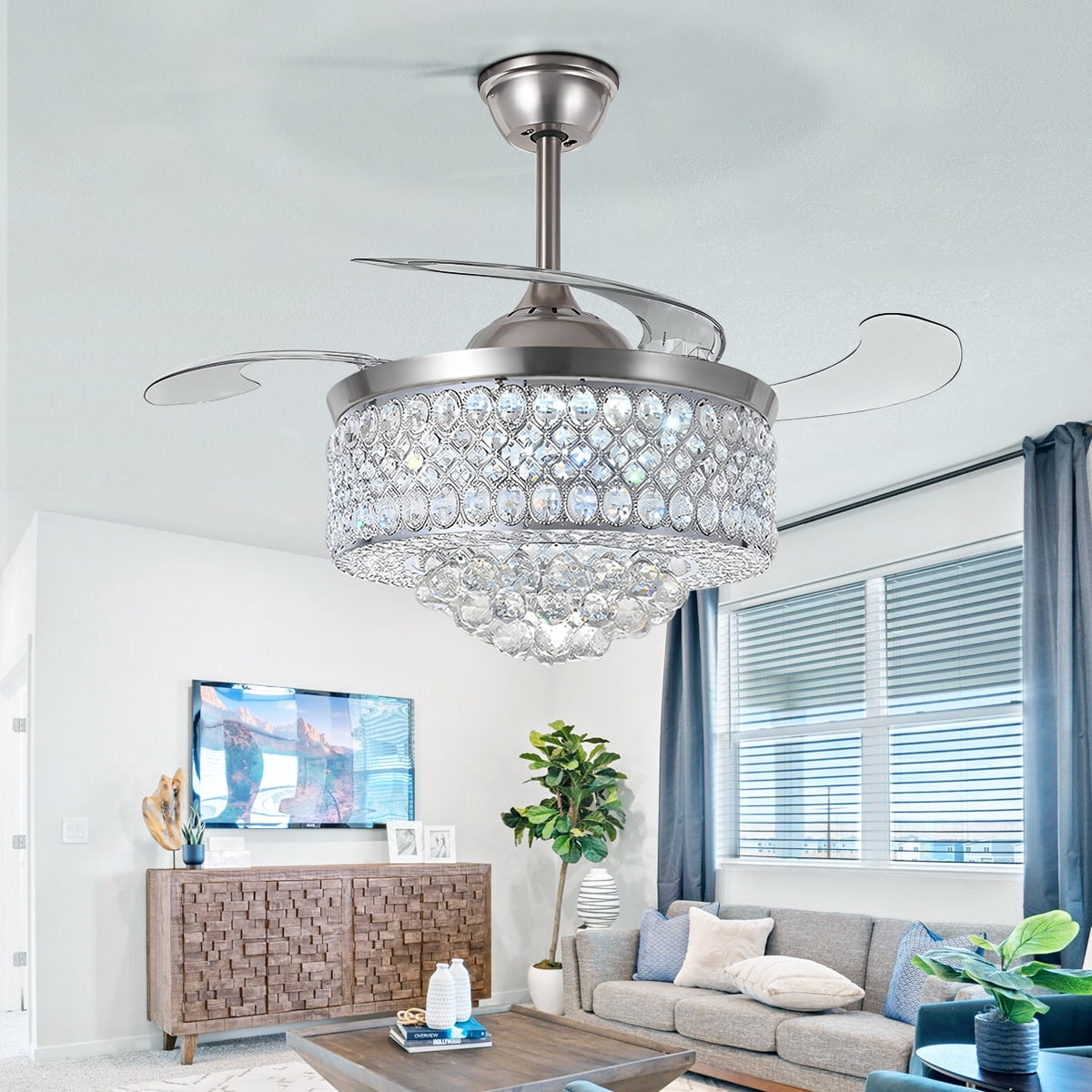 FINE MAKER 42" Crystal Ceiling Fan with Light Remote Inventer Fandelier ...