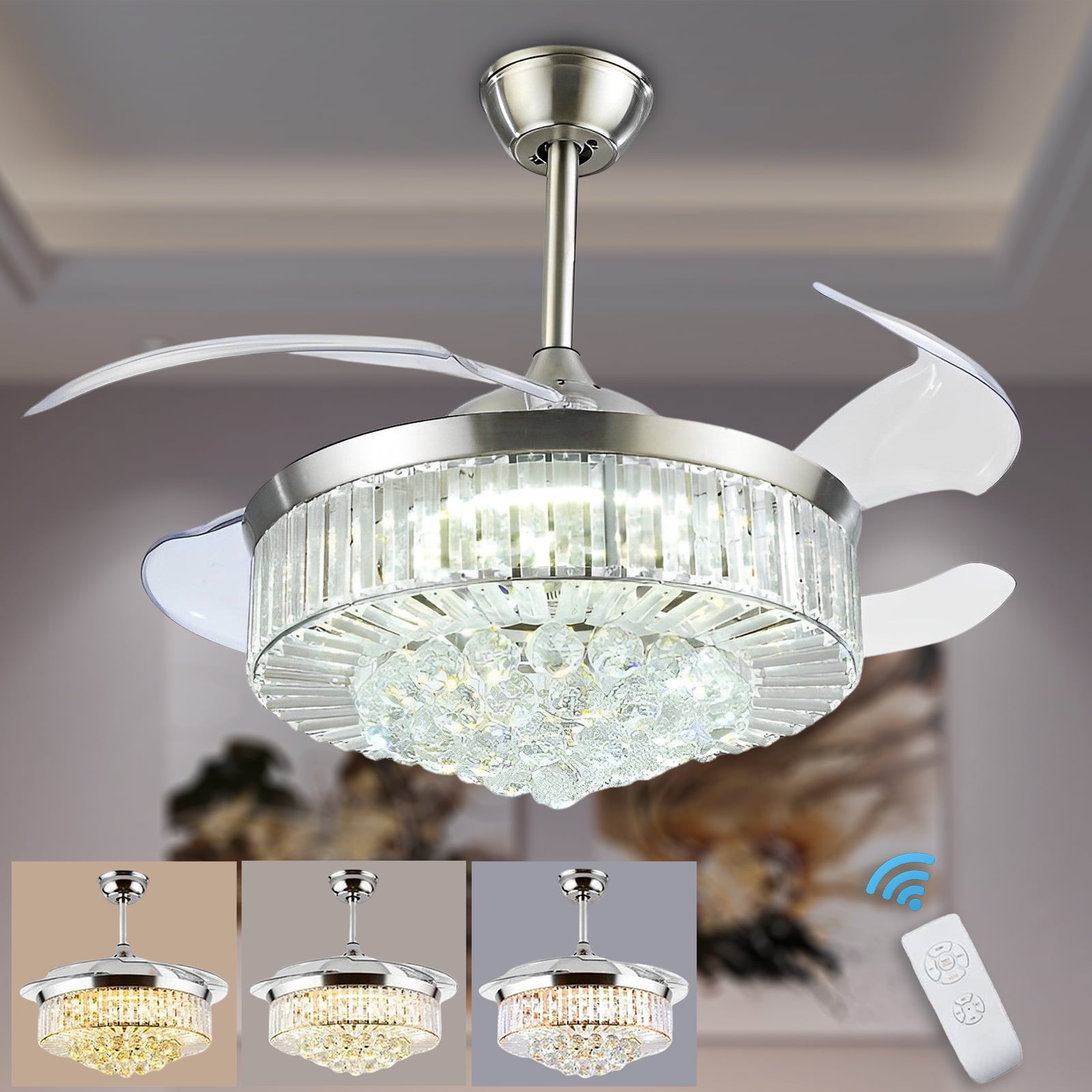 FINE MAKER 42" Crystal Ceiling Fan with Light Remote Retractable ...
