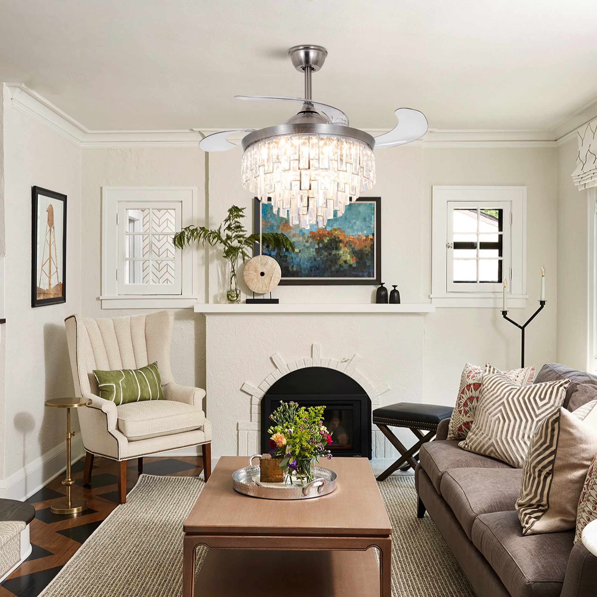 FINE MAKER 42" Crystal Chandelier with Fan Remote Control Fandelier ...