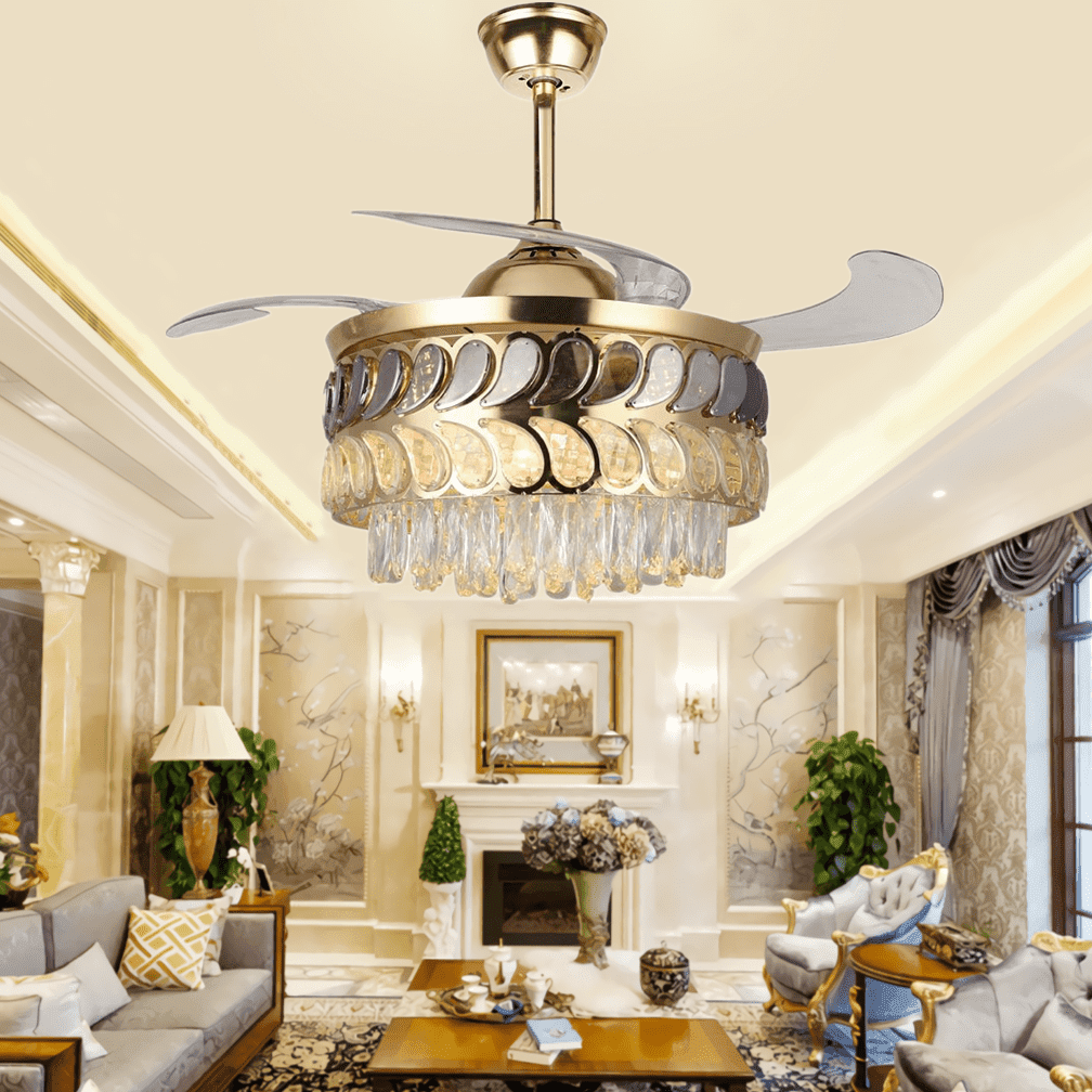 FINE MAKER 42" Crystal Gold Chandelier Luxury 3-Color Remote 3-Speed ...