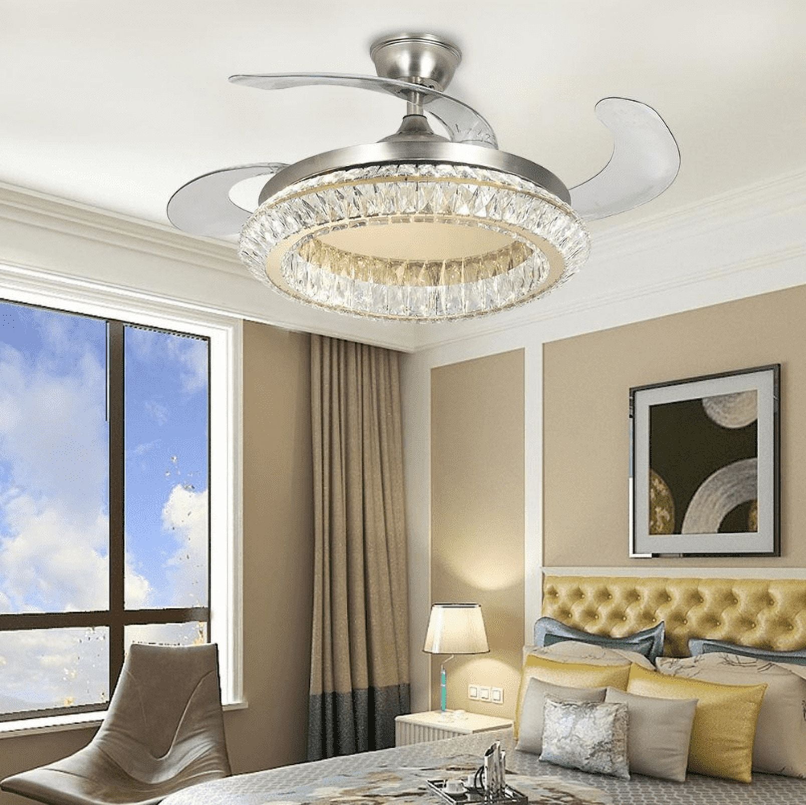 FINE MAKER 42" Dimmable Fandelier Crystal Ceiling Fans with Lights and ...