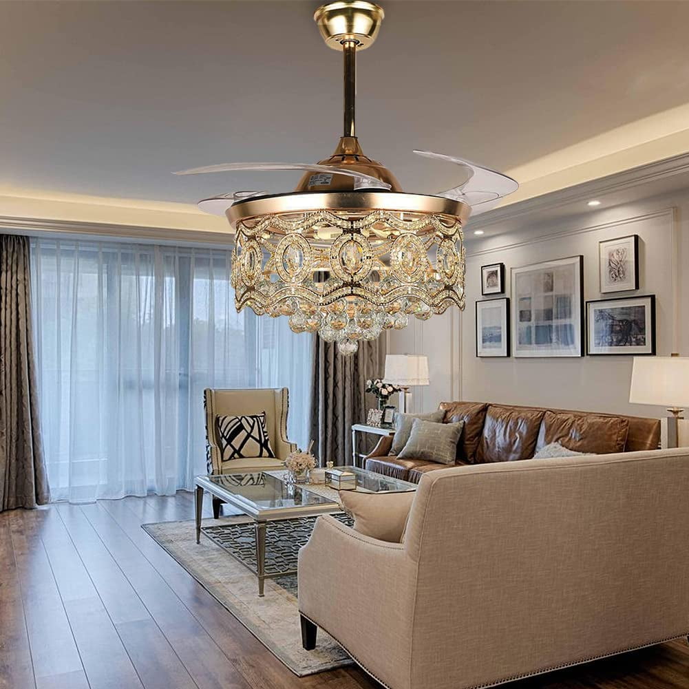 "FINE MAKER 42"" Crystal Ceiling Fan Chandelier, Gold Metal, 3 Speed, 3 ...