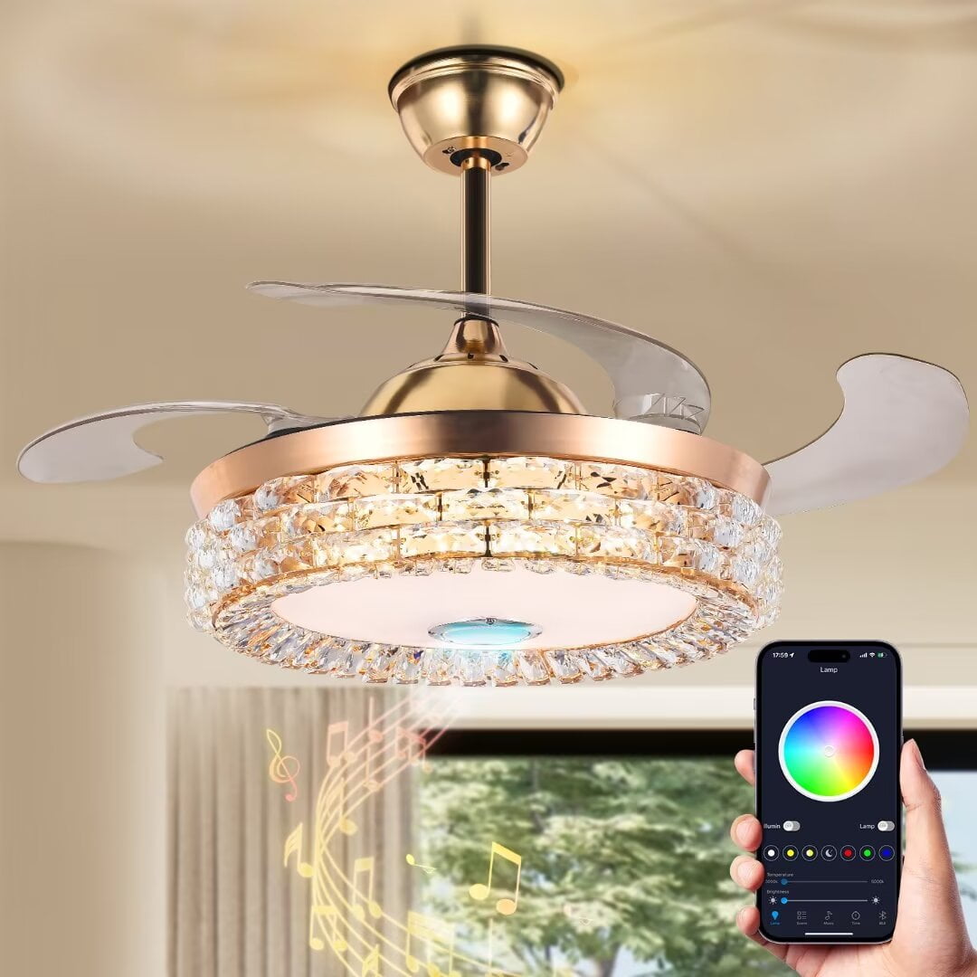 FINE MAKER 42 Inch Crystal Bluetooth Invisible Ceiling Fan Light ...