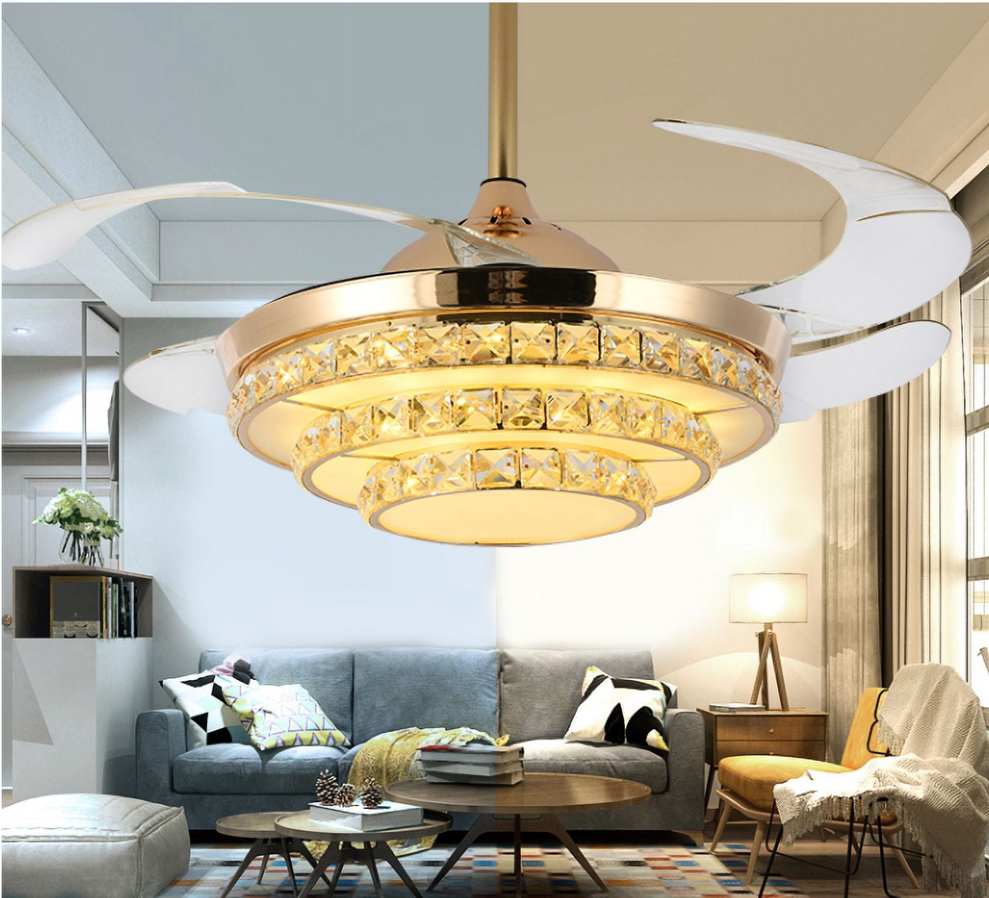 FINE MAKER 42 Inches Modern Gold Crystal Ceiling Fan with Lights ...
