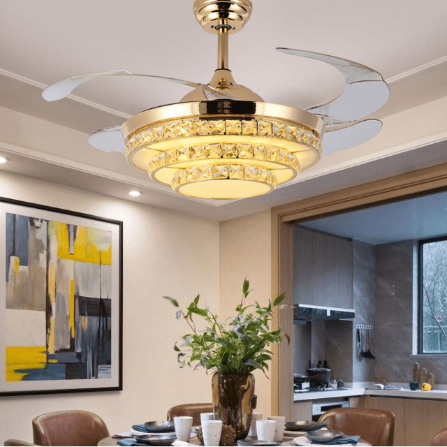 FINE MAKER 42 Inches Modern Gold Crystal Ceiling Fan with Lights ...