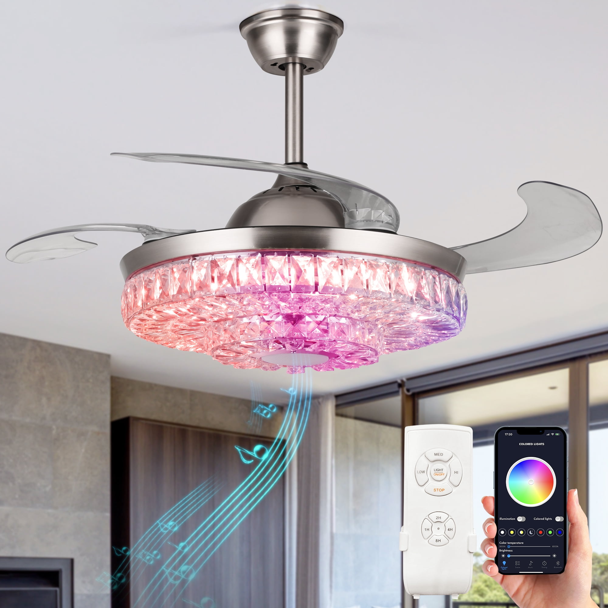 FINE MAKER 42'' Modern Smart Invisible Ceiling Fan, Bluetooth Speaker ...