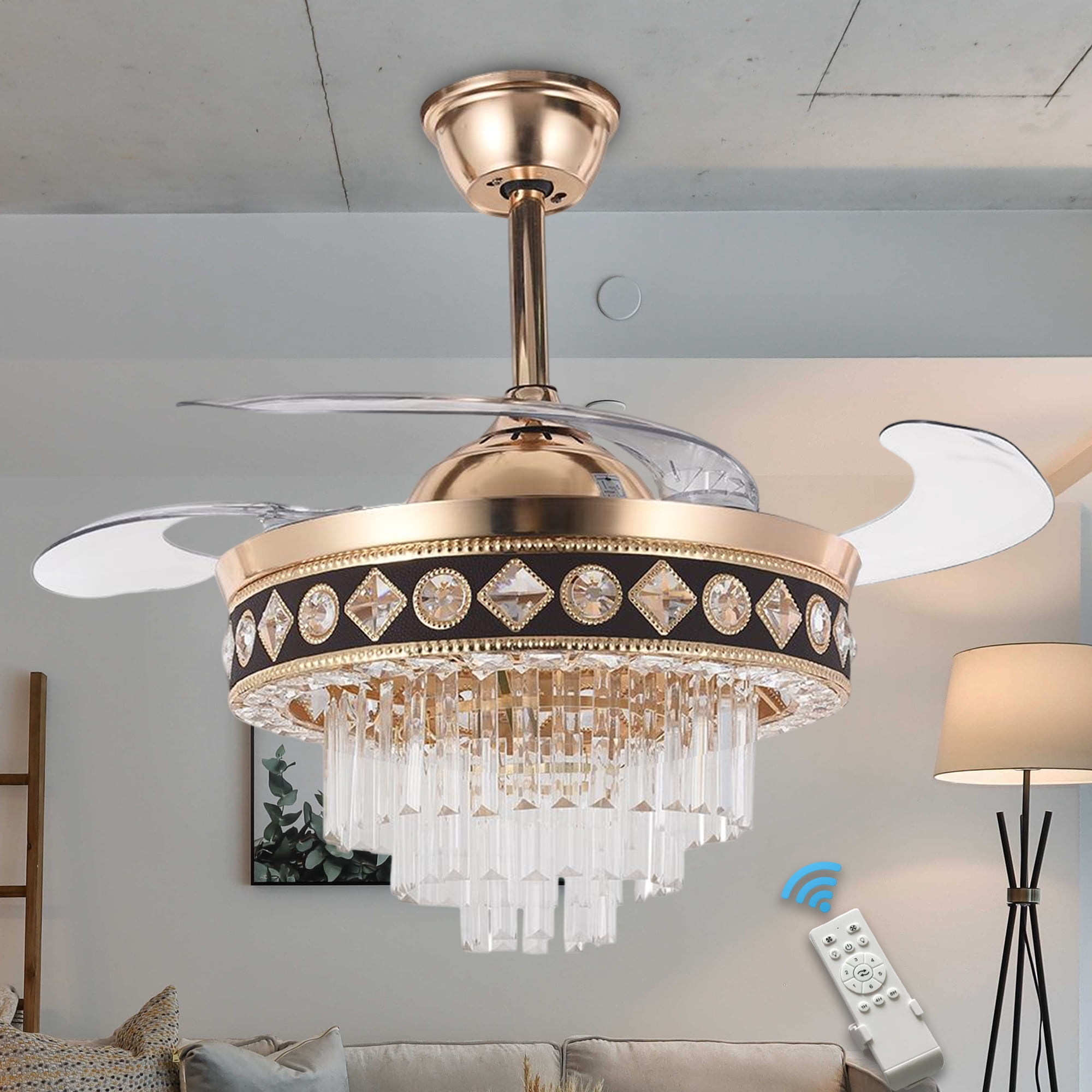 FINE MAKER 42" Remote Crystal Chandelier with Fan Inventer Fandelier ...