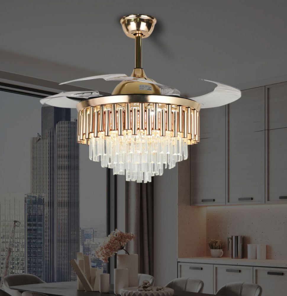 FINE MAKER 42" Rose Gold Fandelier Crystal LED Ceiling Fans with Lights ...