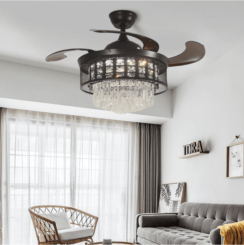 FINE MAKER 42 inch Fandeliers Ceiling Fan Retractable Dimmable Crystal ...