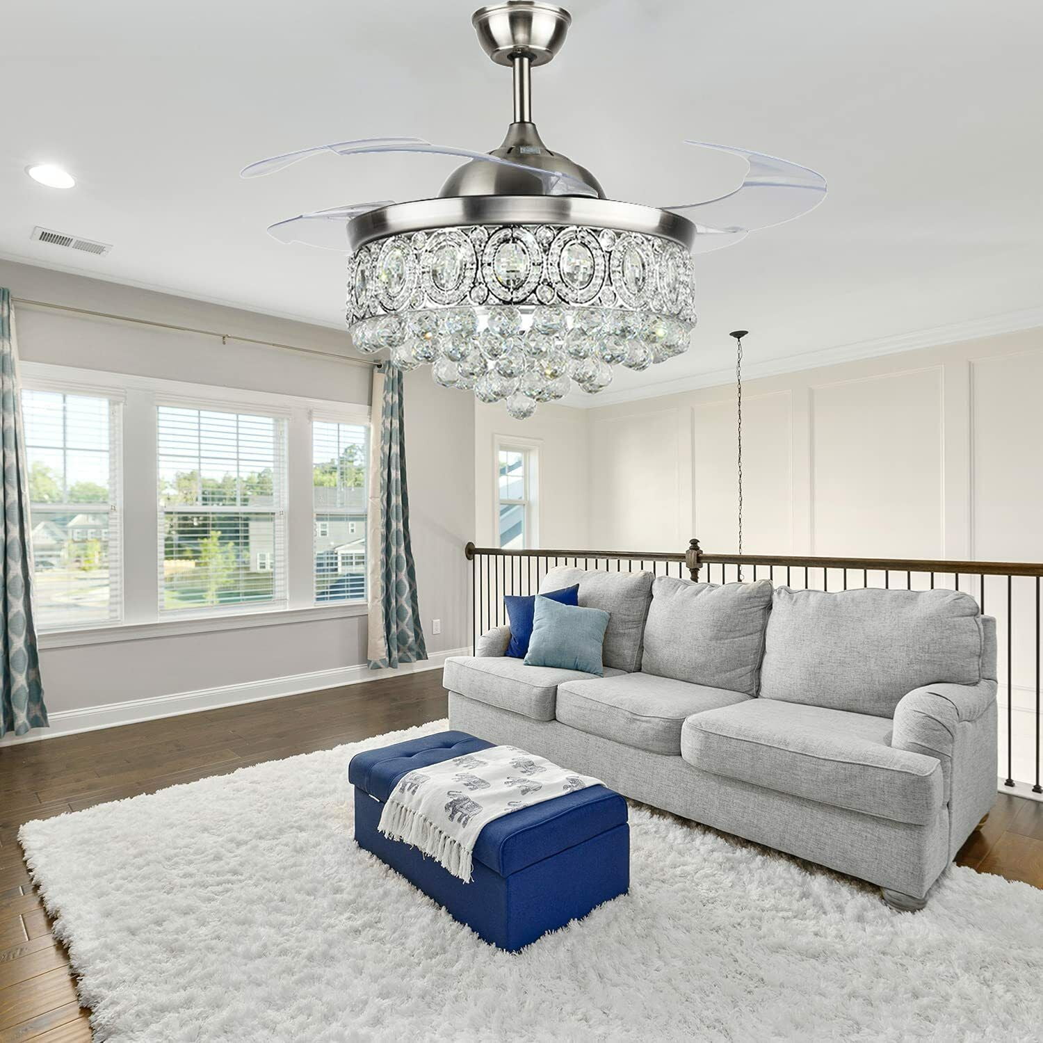 FINE MAKER Crystal Ceiling Fan with Light and Remote 42" Retractable ...