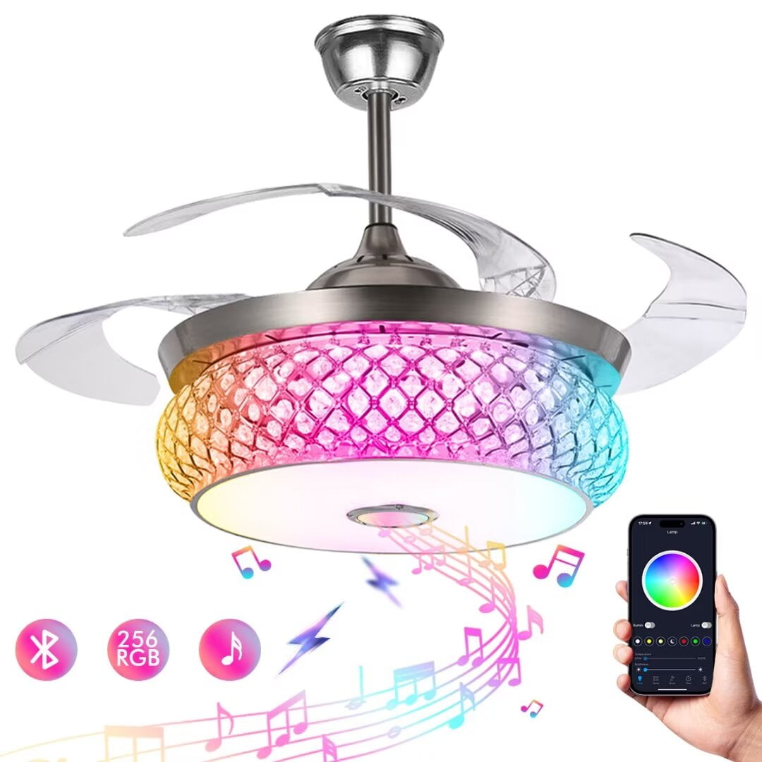 FINE MAKER Crystal Remote Control Fandelier Retractable Blades 7 Color ...