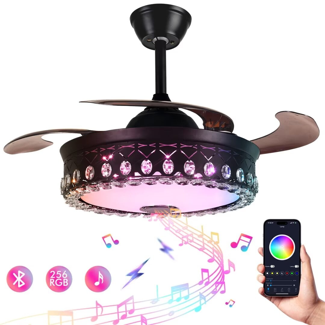 FINE MAKER Crystal ceiling fan with light remote control, Bluetoothh ...