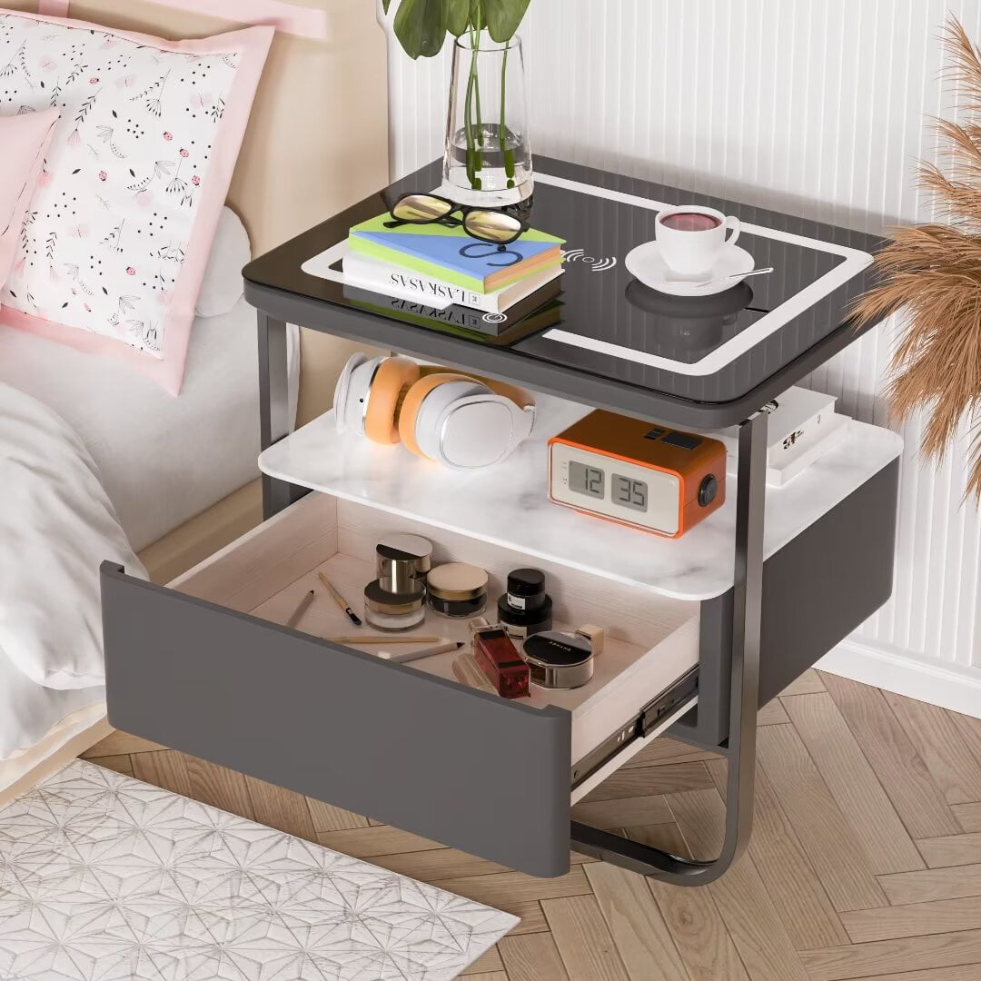 FINE MAKER Creative Bedside Table with Wireless Charging, LED Lights ...