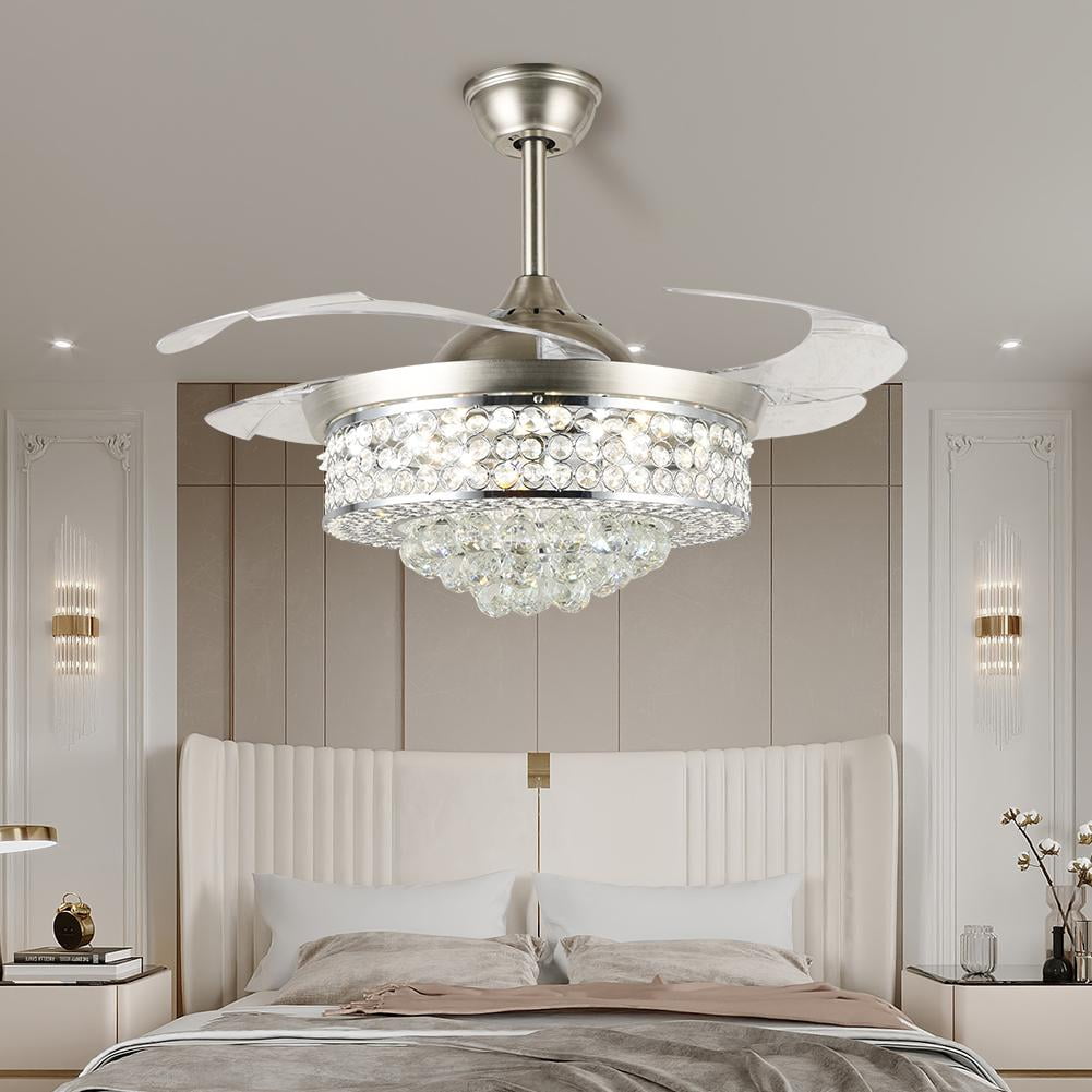 FINE MAKER Modern Crystal Ceiling Fan with Light Remote Control 3 Color ...