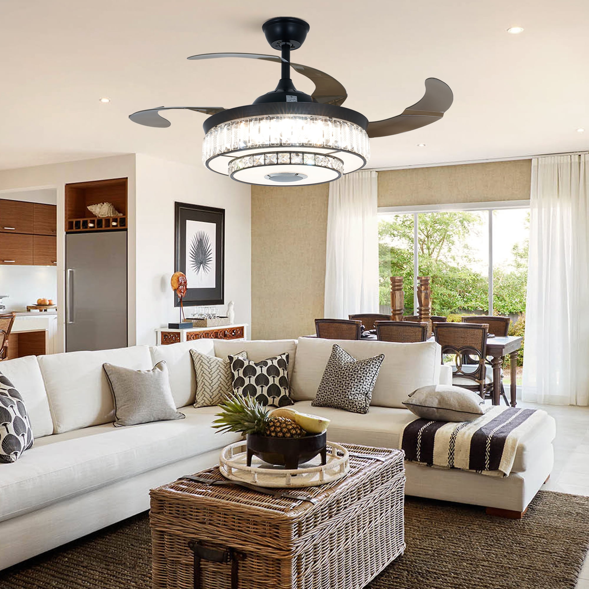 FINE MAKER Modern Crystal Chandelier Ceiling Fan with Bluetooth Music 7 ...