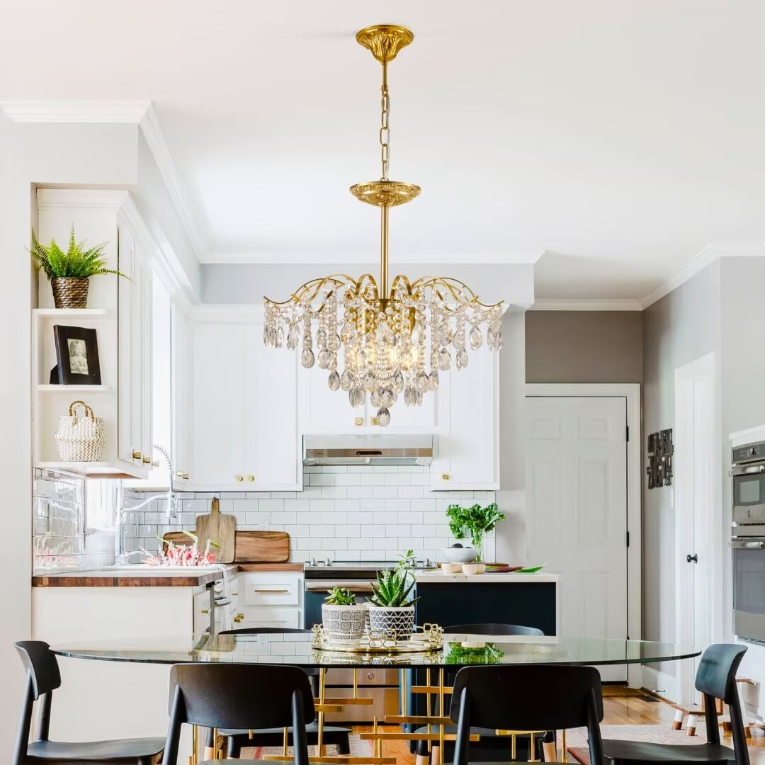 FINE MAKER Modern Crystal Chandelier, Gold Raindrop Lighting Fixture ...