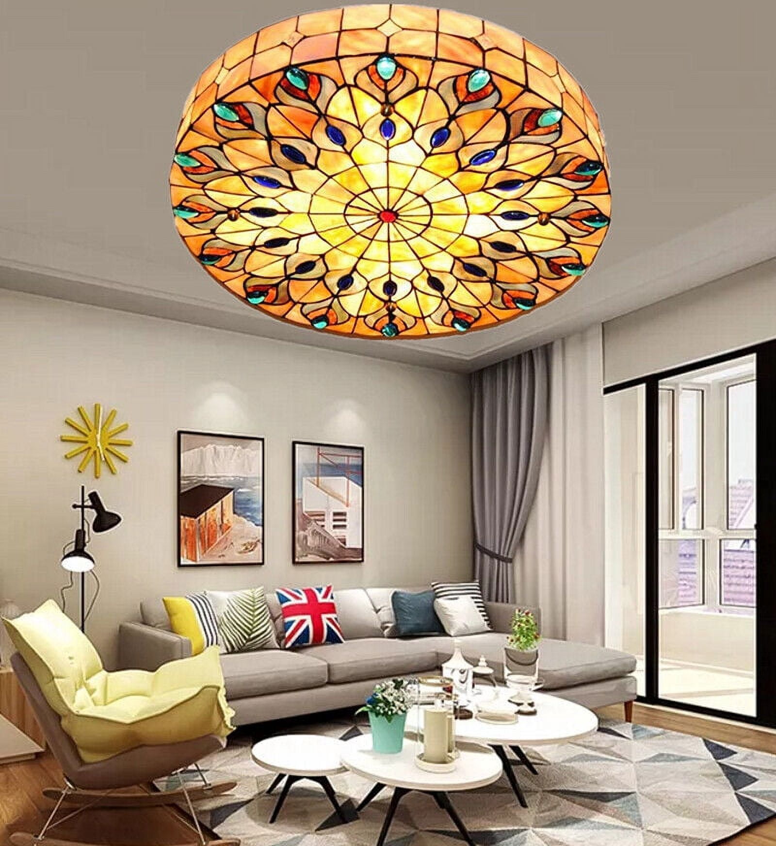 FINE MAKER Peacock Stained Glass Ceiling Light Fixture Flush Mount Lamp ...