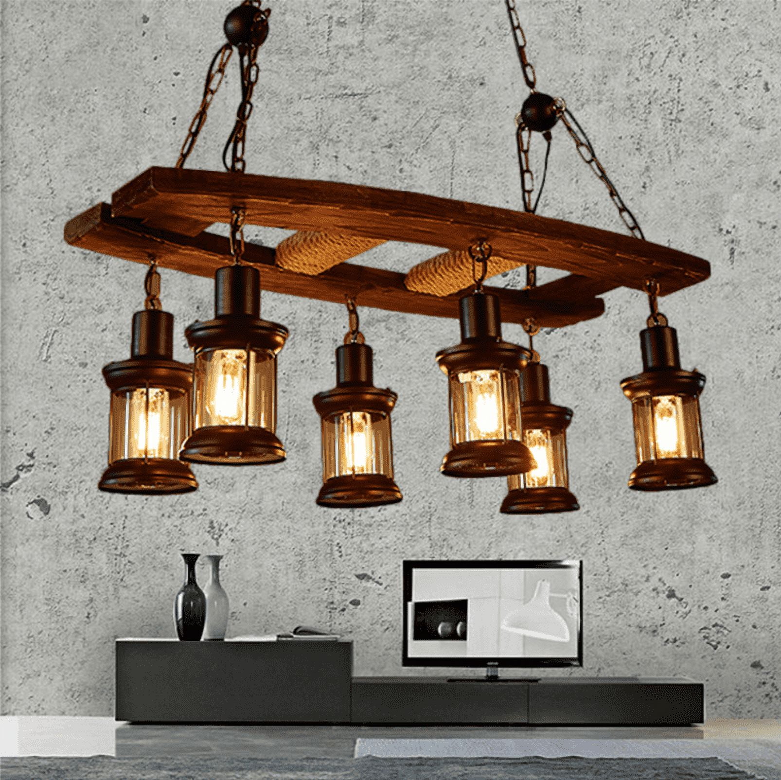 FINE MAKER Wood Farmhouse Chandelier 6-Light Rustic Cage Pendant Light ...