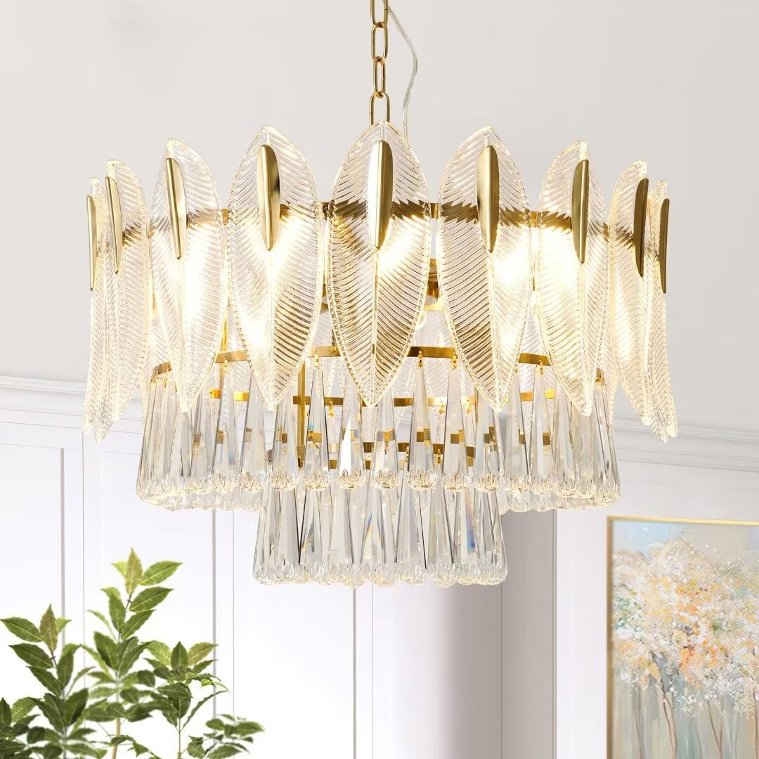 FINE Maker Modern Crystal Leaf Chandelier, Double-Layer Crystal Chandelier with 9 Lights, Living ...