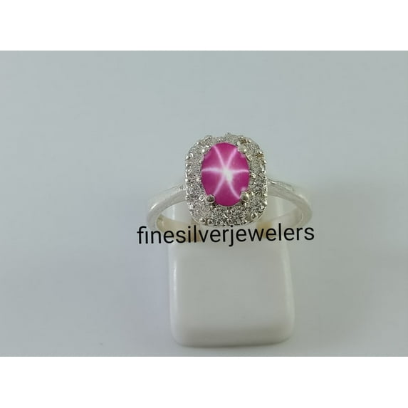 FINE SILVER JEWELLERS 6-Ray Pink Ruby Star Ring 925 Solid Silver Pink ...