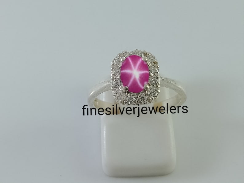 FINE SILVER JEWELLERS 6-Ray Pink Ruby Star Ring 925 Solid Silver Pink ...