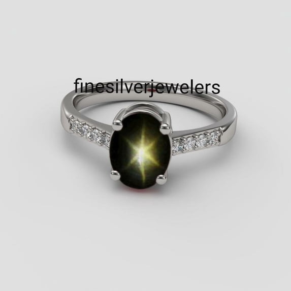FINE SILVER JEWELLERS 925 Sterling Silver Black Star Sapphire Ring ...