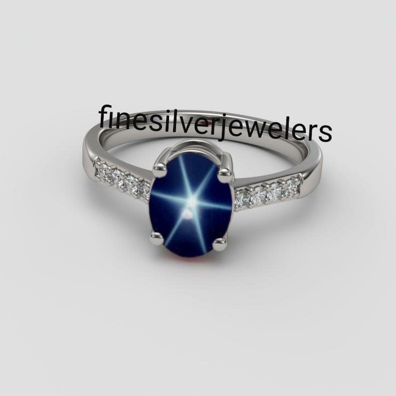 FINE SILVER JEWELLERS 925 Sterling Silver Blue Star Sapphire Ring ...