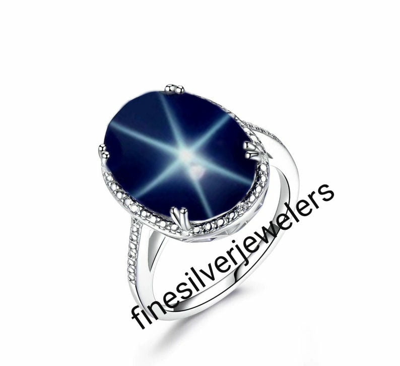 FINE SILVER JEWELLERS 925 Sterling Silver Blue Star Sapphire Ring ...
