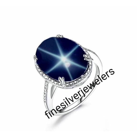 FINE SILVER JEWELLERS 925 Sterling Silver Blue Star Sapphire Ring ...