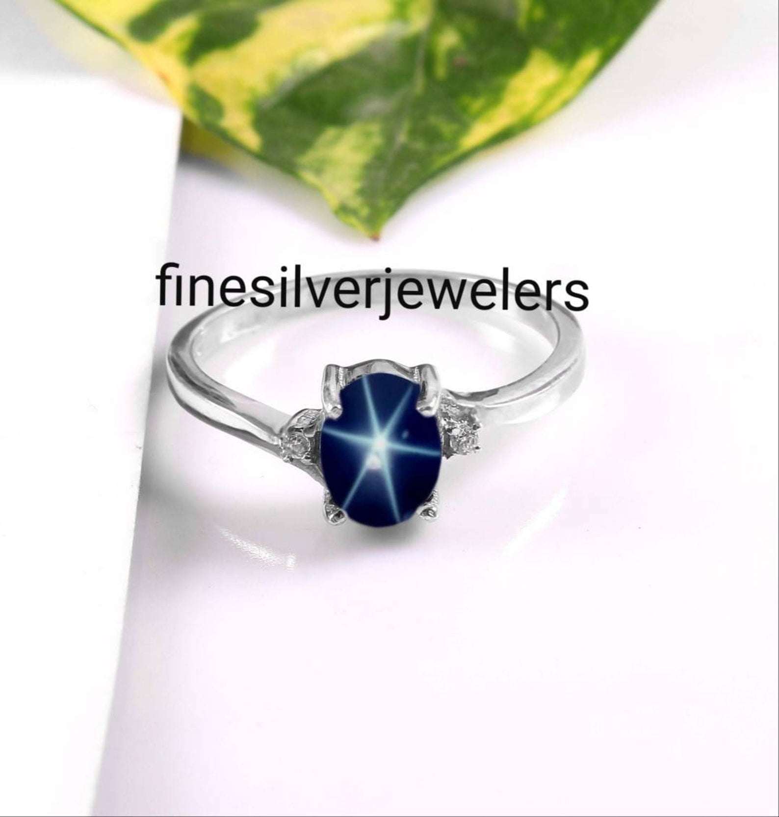 FINE SILVER JEWELLERS 925 Sterling Silver Blue Star Sapphire Ring Star ...