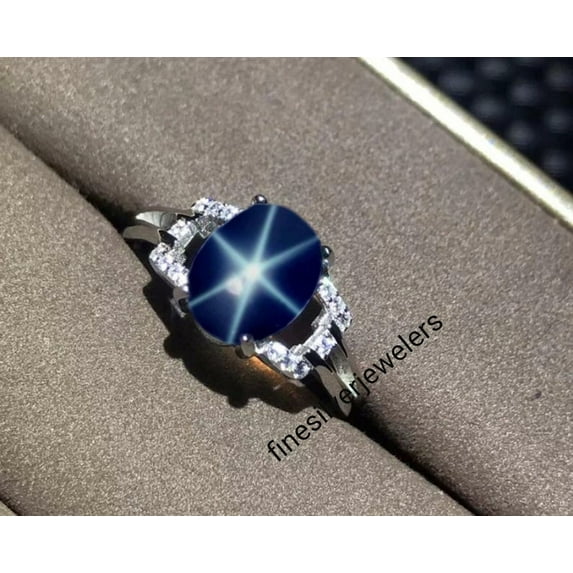 FINE SILVER JEWELLERS 925 Sterling Silver Blue Star Sapphire Ring ...