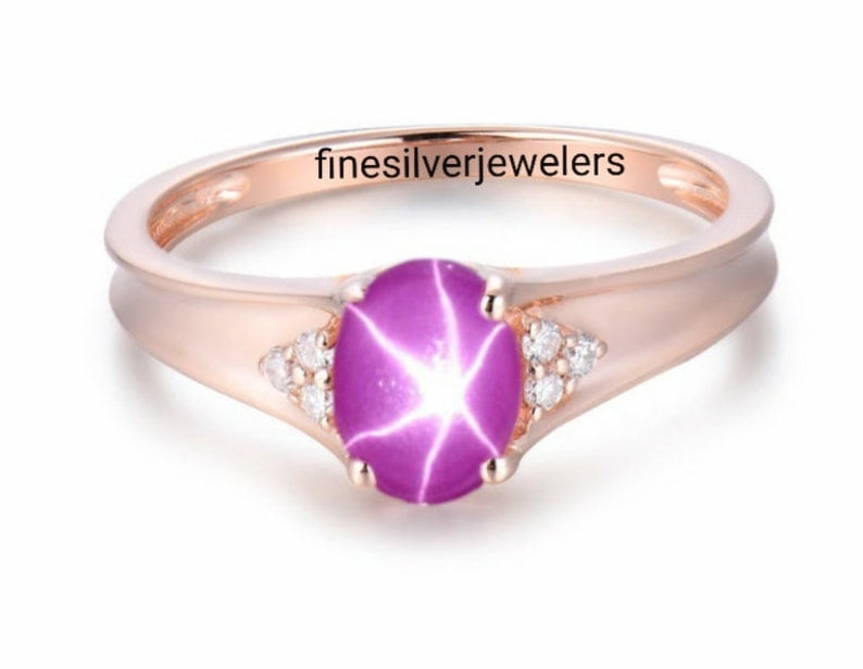 FINE SILVER JEWELLERS 925 Sterling Silver Rose Gold Plated Pink Star Ruby Gemstone Ring Handmade ...