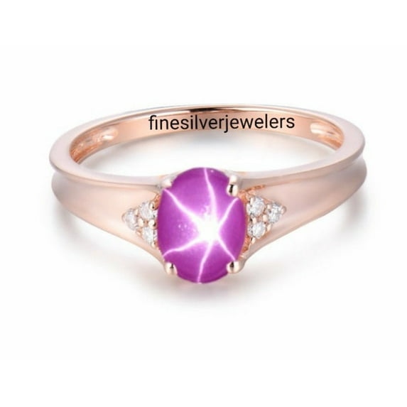 FINE SILVER JEWELLERS 925 Sterling Silver Rose Gold Plated Pink Star Ruby Gemstone Ring Handmade ...