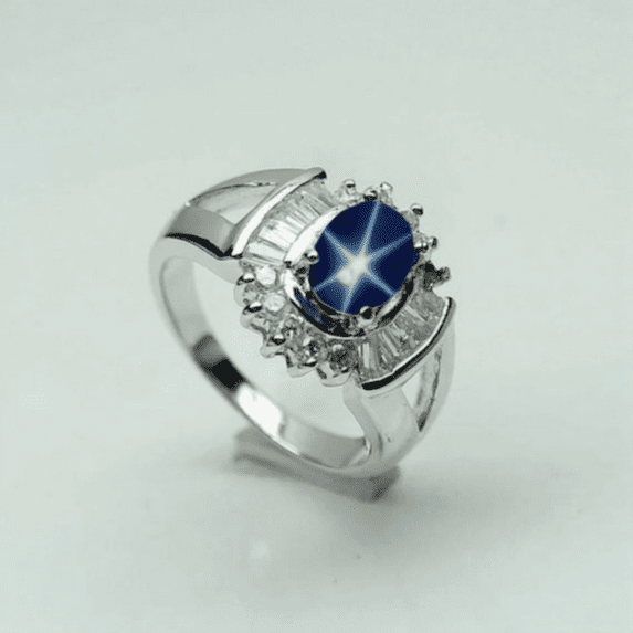 FINE SILVER JEWELLERS Blue Star Sapphire Oval Cut Gemstone Ring 925 ...