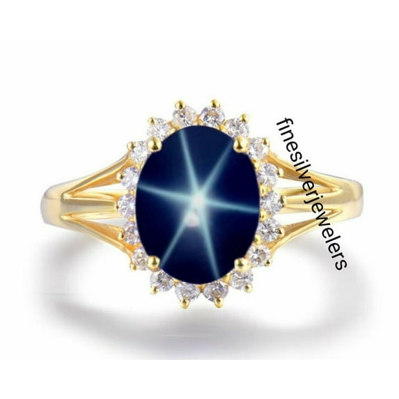 FINE SILVER JEWELLERS Blue Star Sapphire Ring for Women 925 Sterling ...