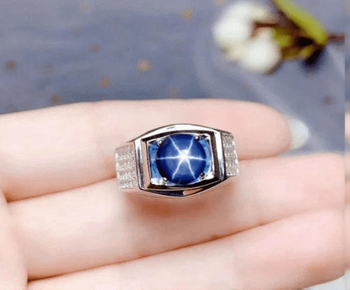 FINE SILVER JEWELLERS Men's Blue Star Gemstone Ring Blue Sapphire 6-Ray ...