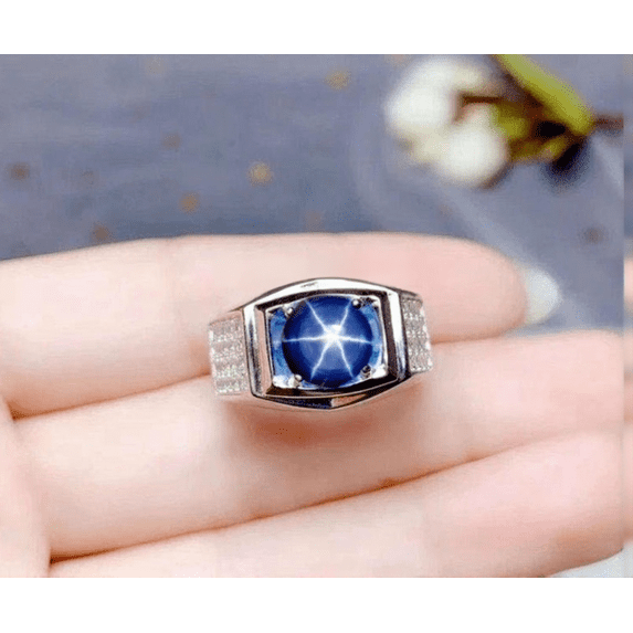 FINE SILVER JEWELLERS Men's Blue Star Gemstone Ring Blue Sapphire 6-Ray ...