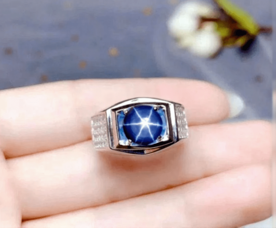 FINE SILVER JEWELLERS Men’s Blue Star Sapphire Ring 925 Sterling Silver ...