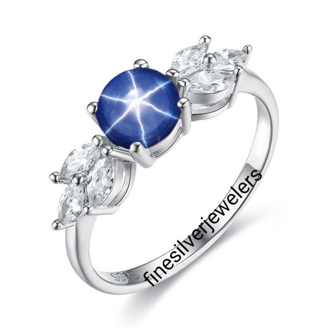 FINE SILVER JEWELLERS 925 Sterling Silver Blue Star Sapphire Ring ...