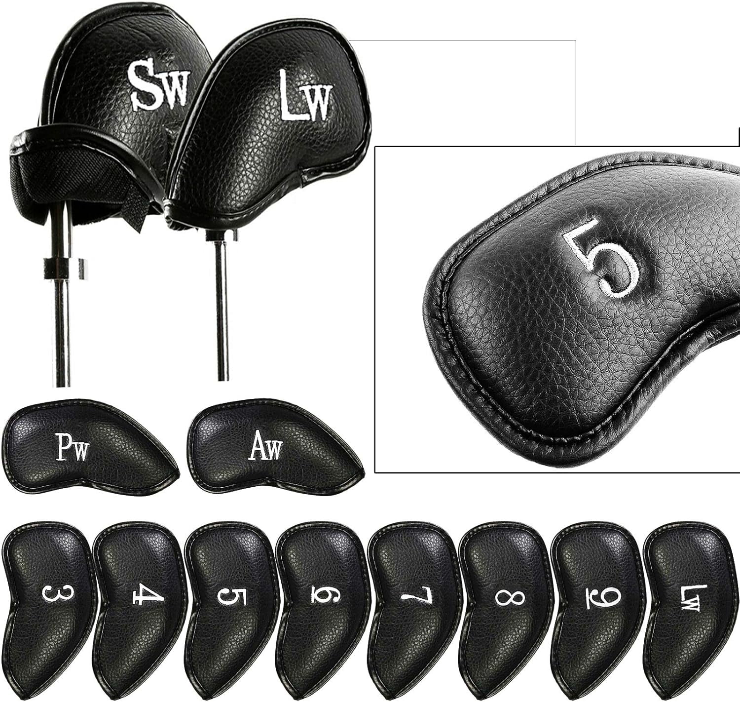 FINGER TEN Golf Iron Head Covers Value 8/11/12 Piece Set, Synthetic Leather Deluxe Club ...
